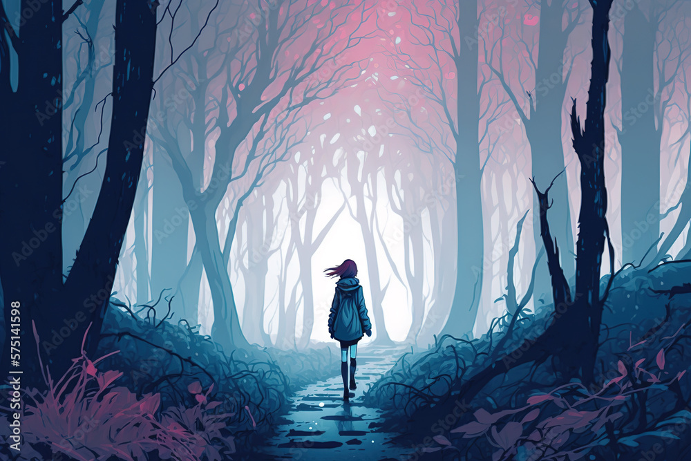 Girl walking alone in forest. Anime style. AI generated image. Stock ...