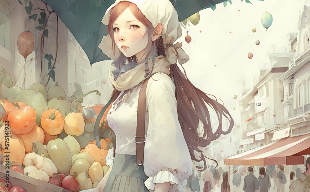 Medieval Dressed Anime Peasant Girl In A Fantasy Market With Fruit Vegetables Peppers And