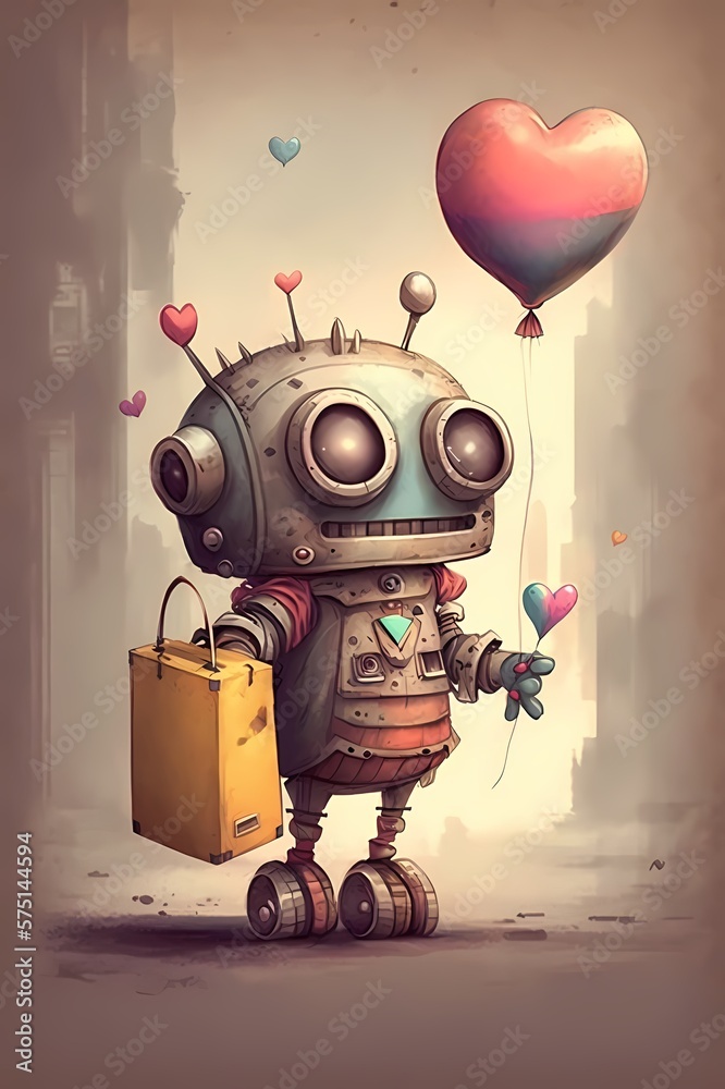 Romantic Cartoon Image of a Retro Robot with Valentine’s Day Gifts and ...