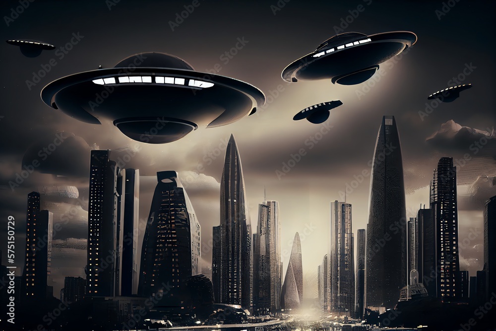 Ufo Armada Over Downtown. Giant Alien Spaceships Over The City. Ufo ...
