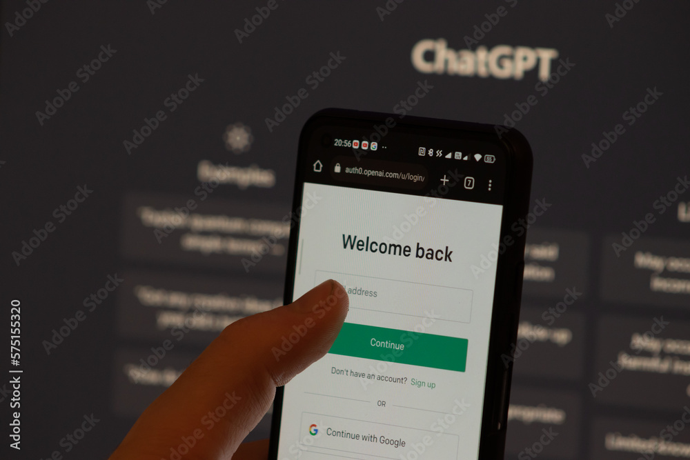 ChatGPT login screen seen on smartphone screen. OpenAI chat bot Stock 사진 | Adobe Stock