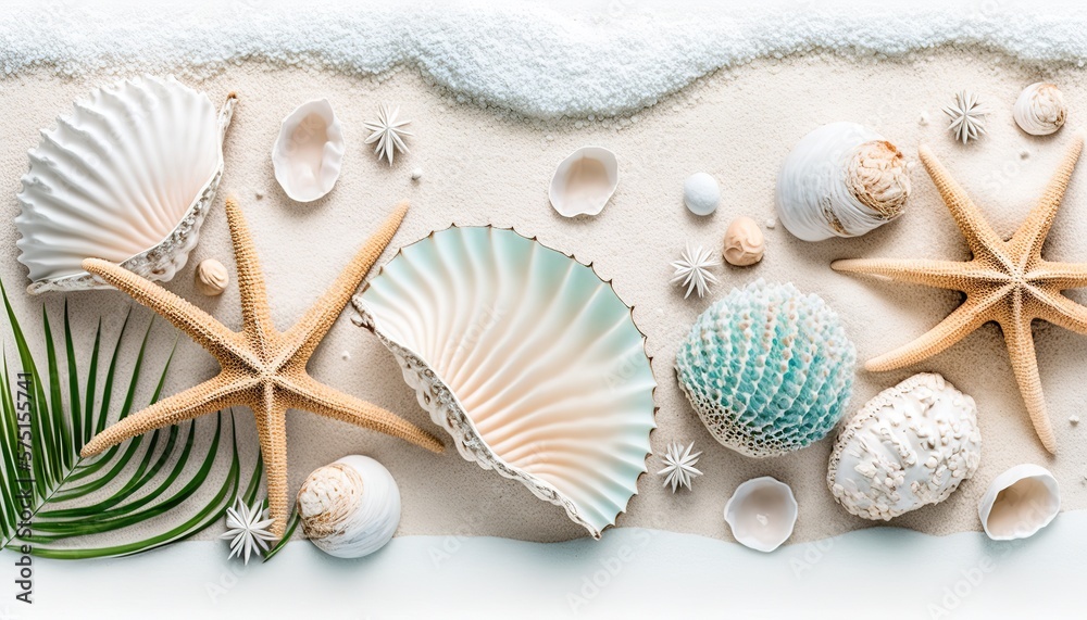 seashells on seashore - beach holiday background Stock Photo | Adobe Stock