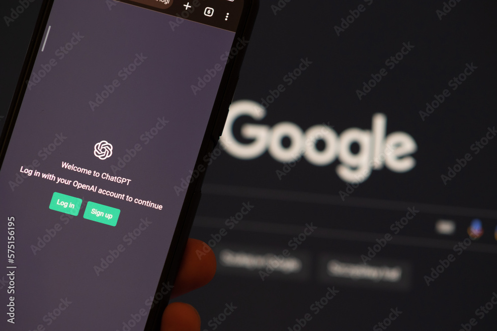 Webpages of chat bot ChatGPT, OpenAI chatbot, and Google logo are seen ...