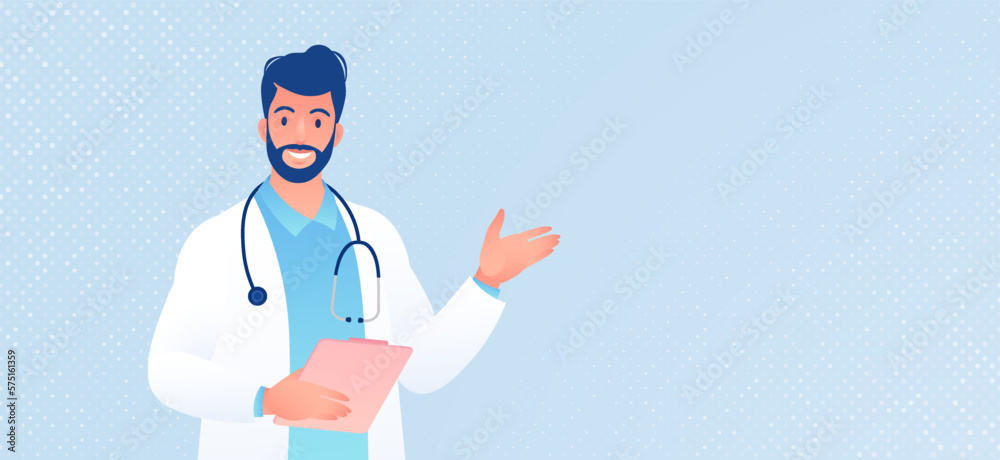 Cartoon character of doctor holding a clipboard on light blue ...