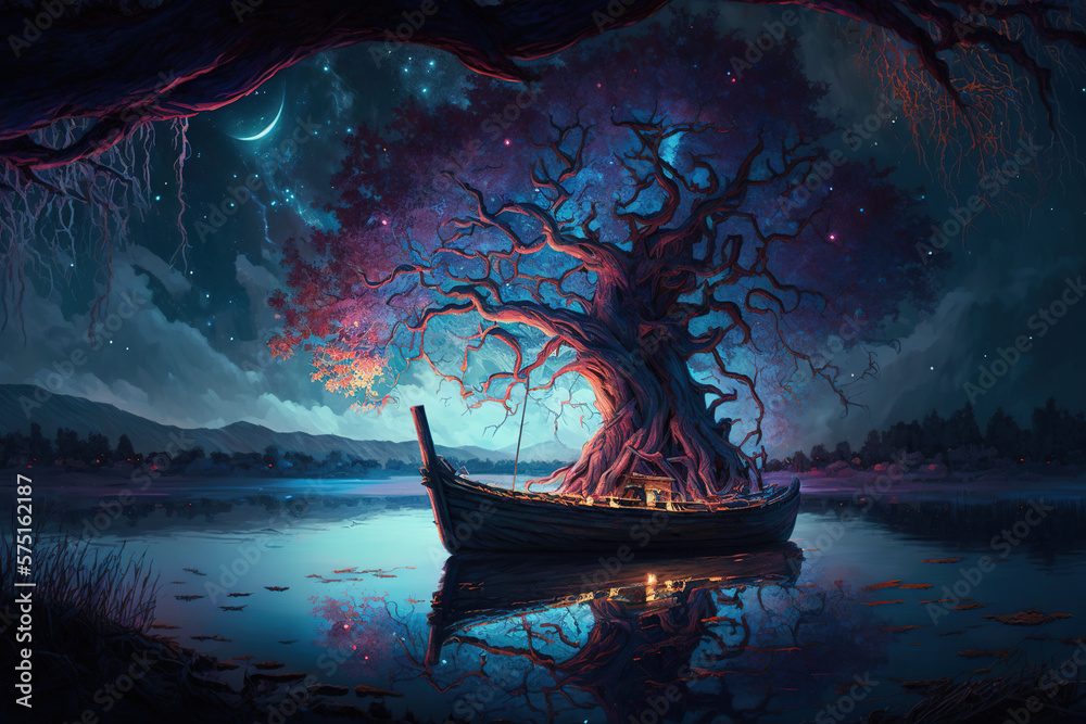 Sacred tree of life yggdrasil in the middle of a beautiful lake under a ...