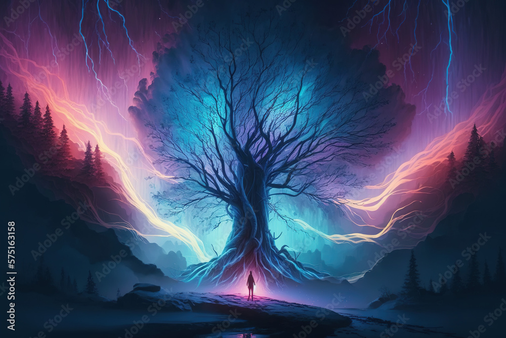 Yggdrasil tree of life engulfed in mystical electric lightning in the ...