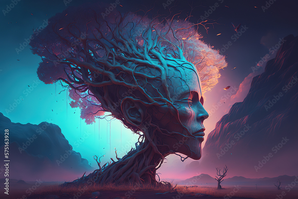 Fantasy mystical and divine sentient yggrasil tree in shape of a human ...