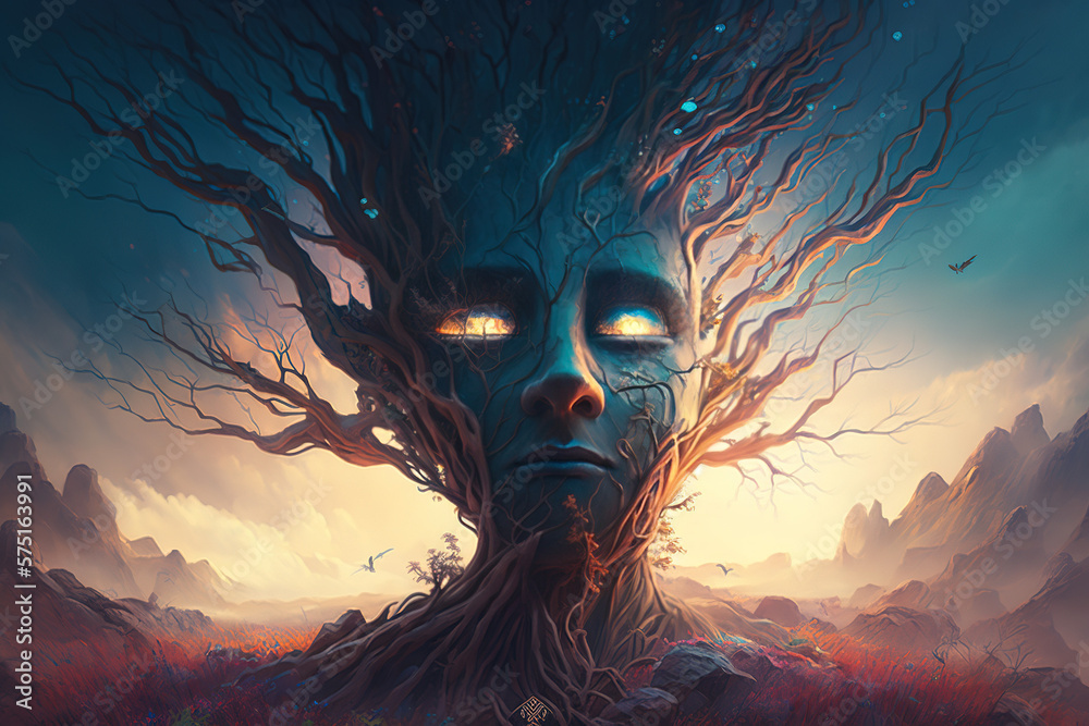 Fantasy mystical and divine sentient yggrasil tree in shape of a human ...