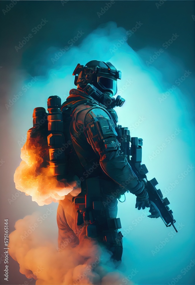 Portrait of a sci-fi military warrior. High-tech futuristic man from ...