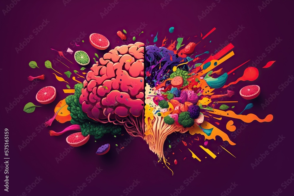 Exploded brain made of colorful vegetables on magenta background ...