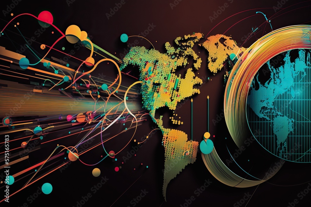 Abstract visualization of global economy with colorful lines shapes and ...