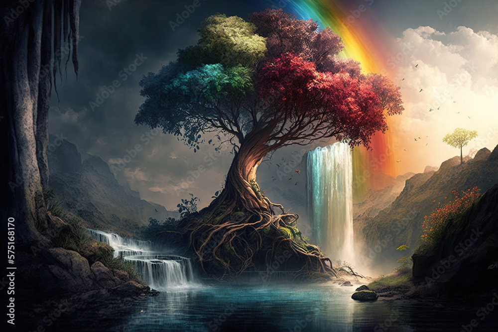Yggdrasil tree in the middle of a beautiful garden of eden with ...