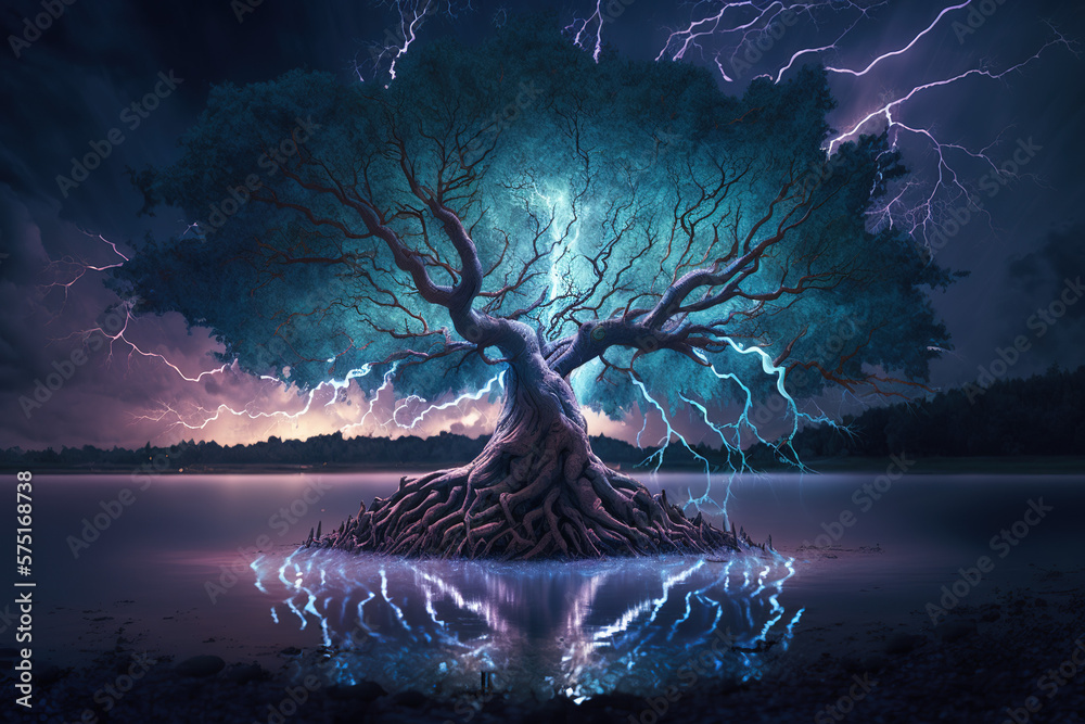 Yggdrasil tree of life engulfed in mystical electric lightning in the ...
