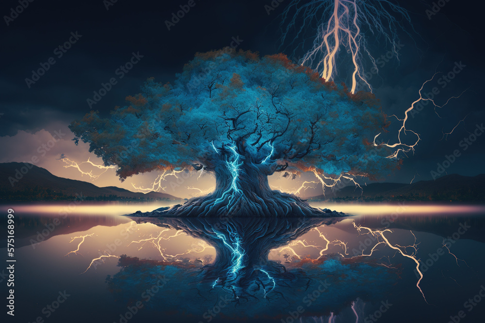 Yggdrasil tree of life engulfed in mystical electric lightning in the ...