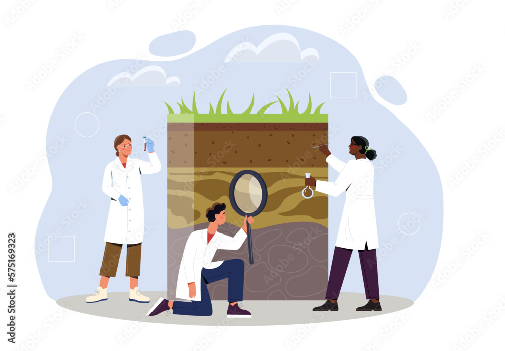 Soil analysis and earth pollution abstract concept. Geologists study ...