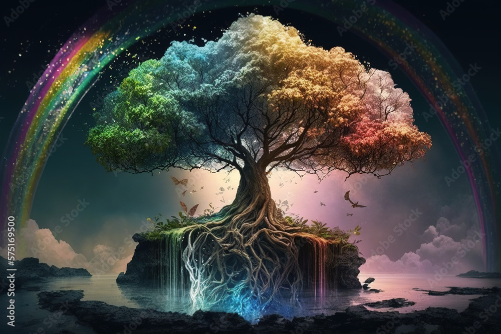 Yggdrasil tree in the middle of a beautiful garden of eden with a ...
