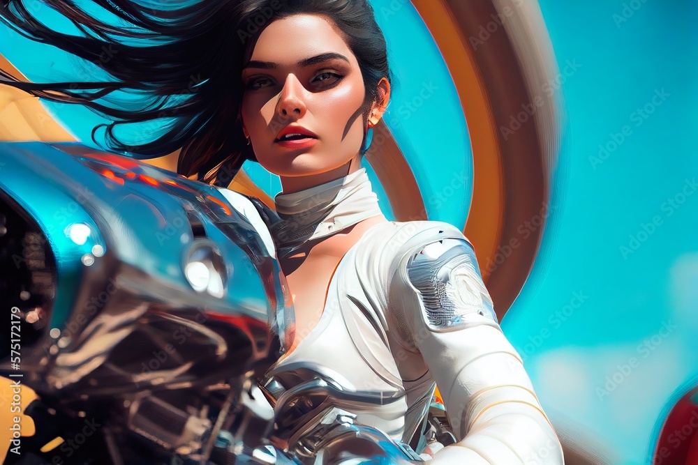 Portrait of a girl on a motorcycle from a sci-fi cyberpunk. A high-tech ...