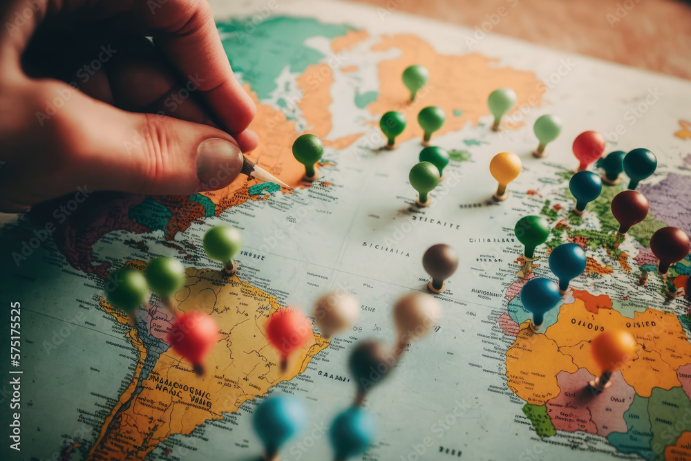 person marking their traveled destinations on a world map with pushpins ...