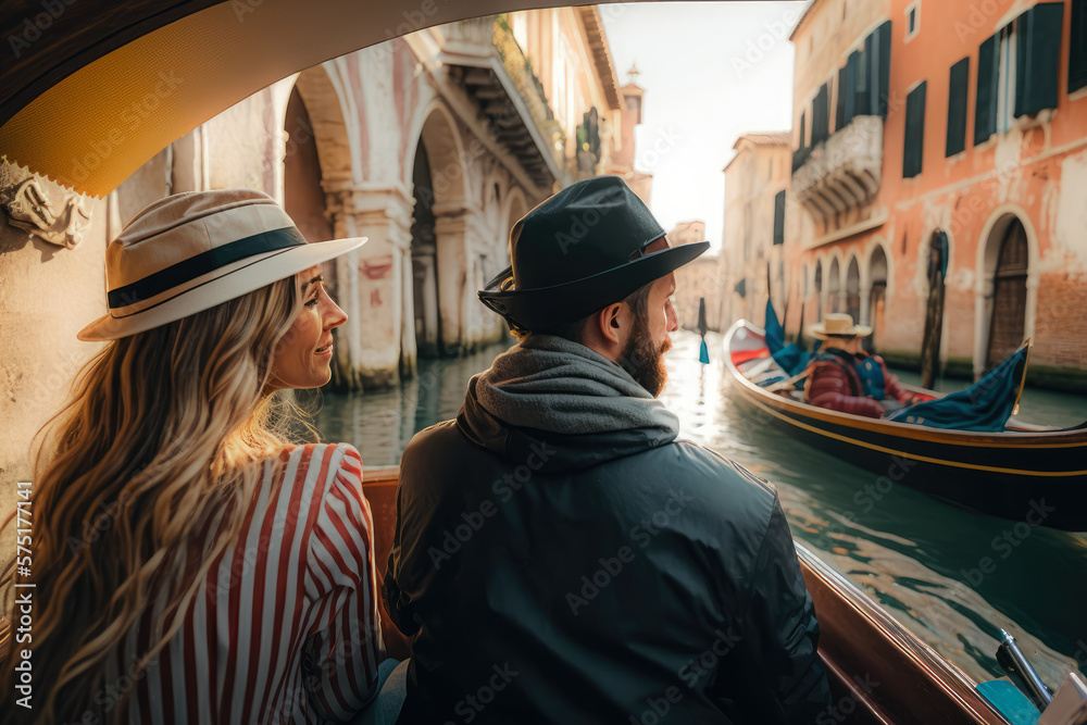 couple taking a gondola ride through the canals of Venice, surrounded ...