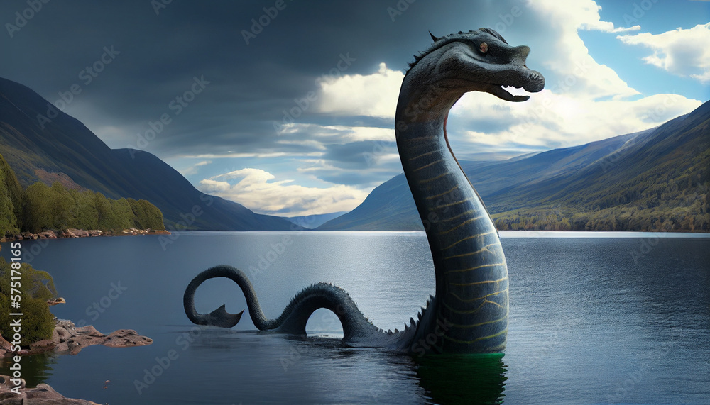 Illustration of the mythical Loch Ness monster from Scotland. Generative AI. Stock Illustration ...