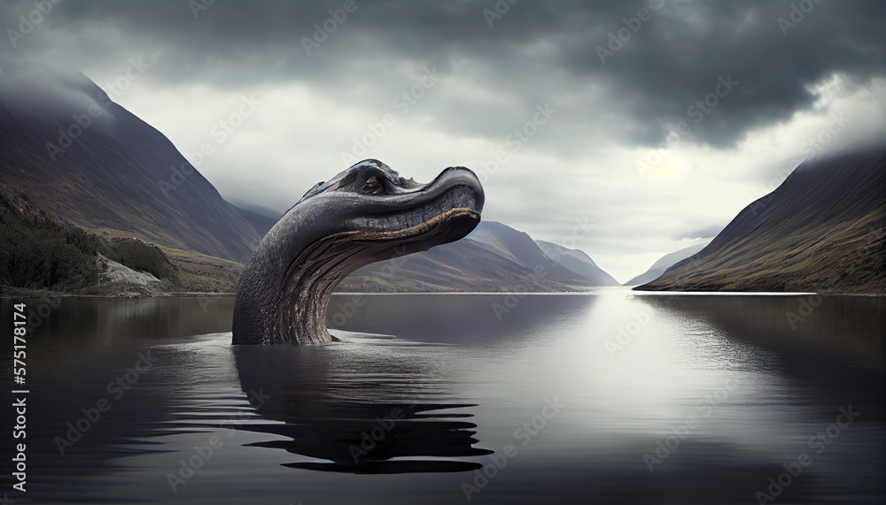 Illustration of the mythical Loch Ness monster from Scotland. Generative AI. Stock Illustration ...