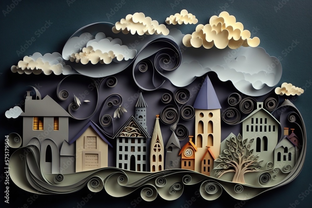 Town in cloud pattern paper quilling, concept of Paper Art and Colorful ...