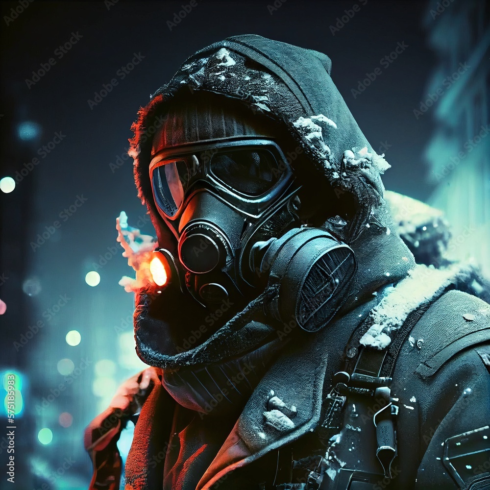 Portrait of a surviving stalker in an old gas mask against an ...