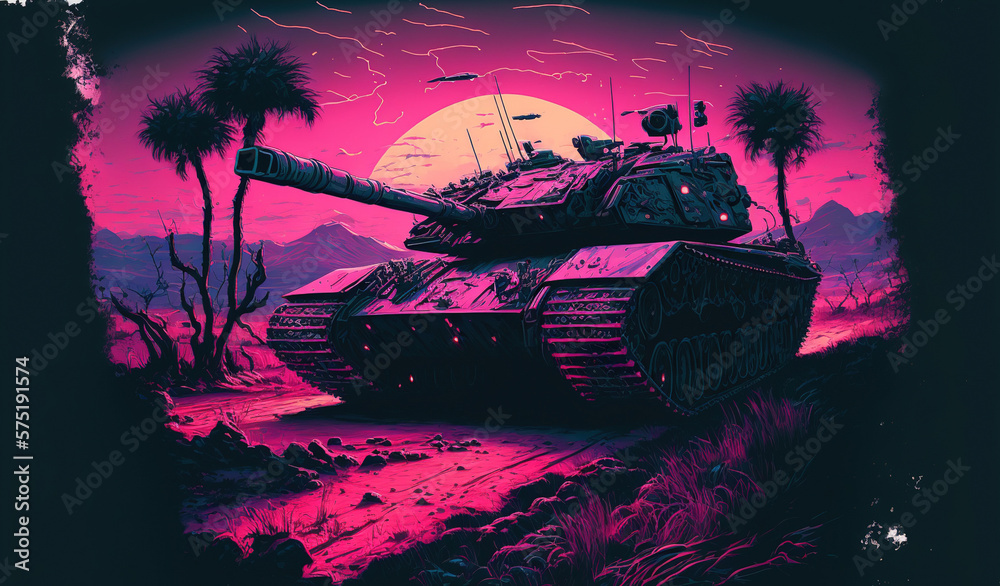 Military armor tank illustrated in retro neon light and vaporwave ...