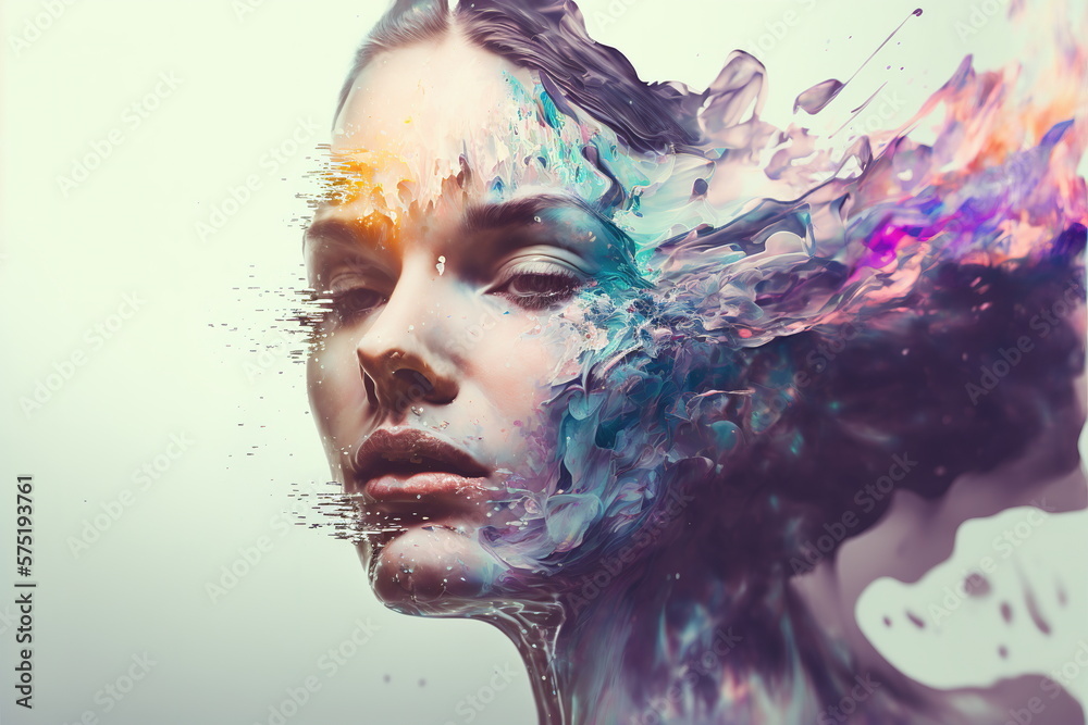 Wondrous illustration portrait woman with colorful iridescent exploding ...