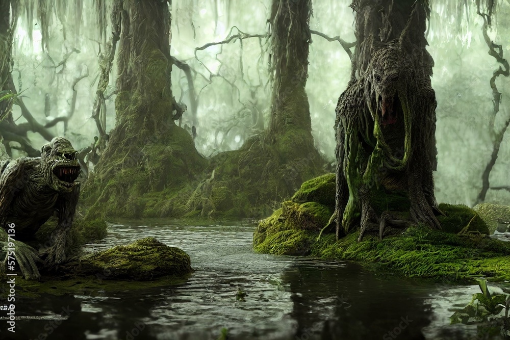 Fantasy scene with a swamp monster made of mud and moss standing in a ...