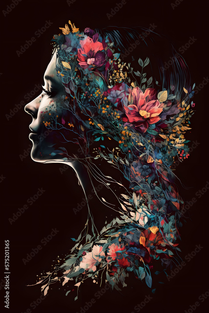 Woman in profile with hidden face and tied hair. A pretty face. Many ...