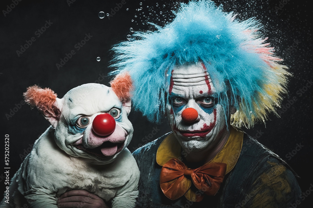 Man in ugly clown makeup with a small dog that looks like him. Sad and ...