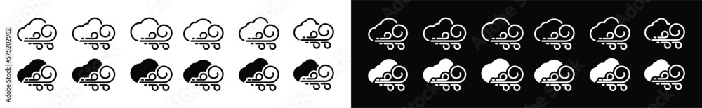 Windy weather icon set. Strong wind weather icons. Cloud and wind ...