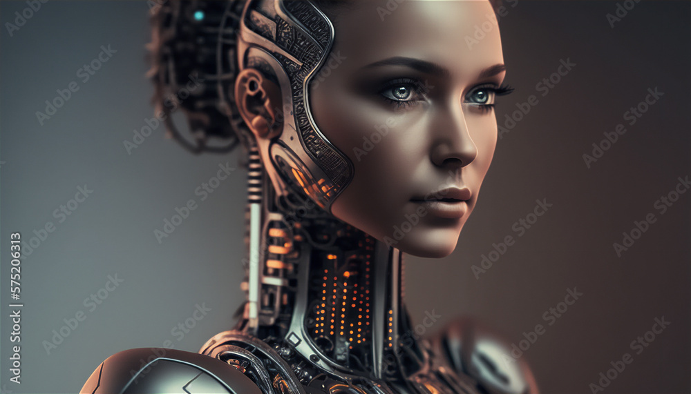 An attractive woman as half-robot or a humanoid android with artificial ...