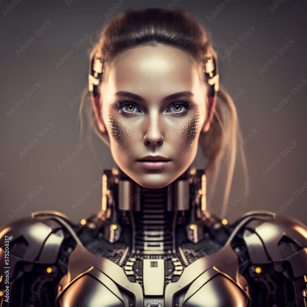 An attractive woman as half-robot or a humanoid android with artificial ...