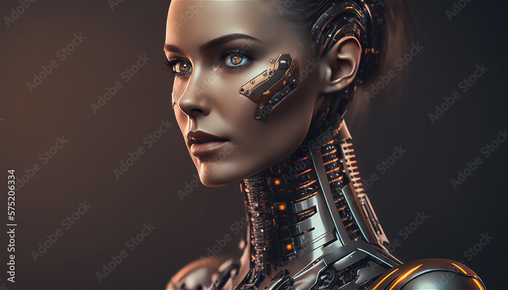 An attractive woman as half-robot or a humanoid android with artificial ...
