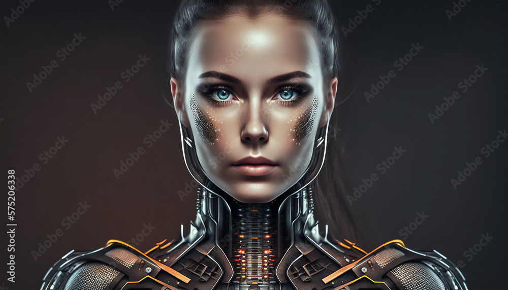 An attractive woman as half-robot or a humanoid android with artificial ...