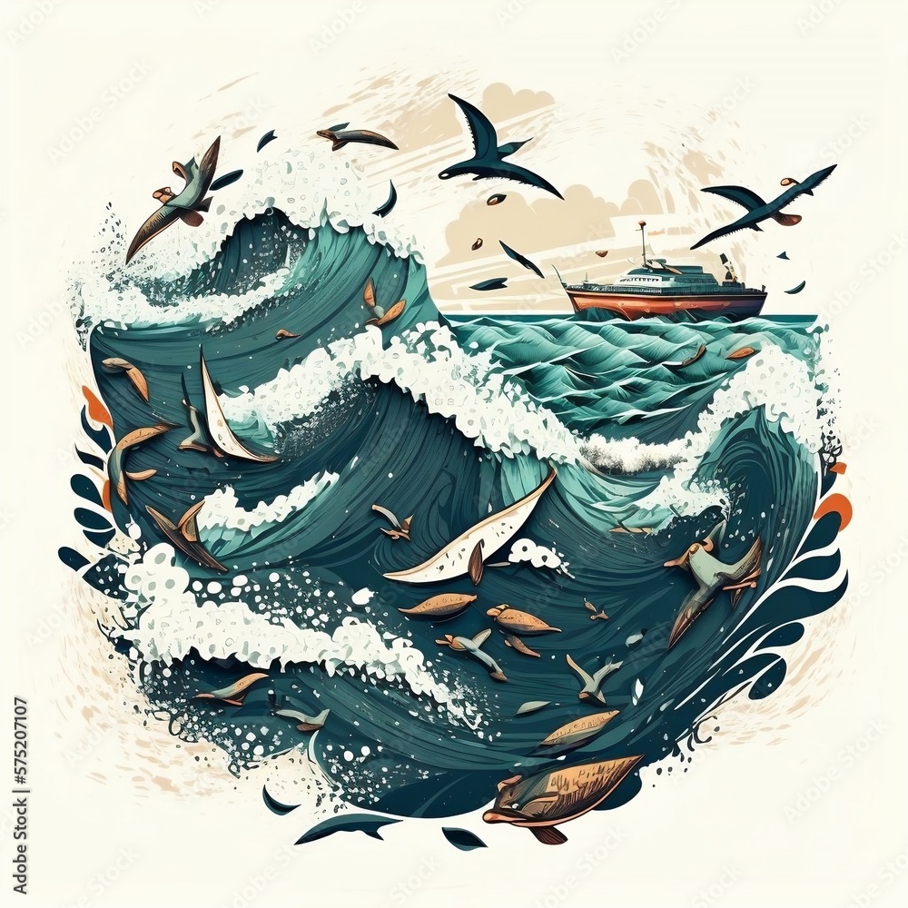 Ocean shore with waves, boat and seagulls, top view, pop-up window ...