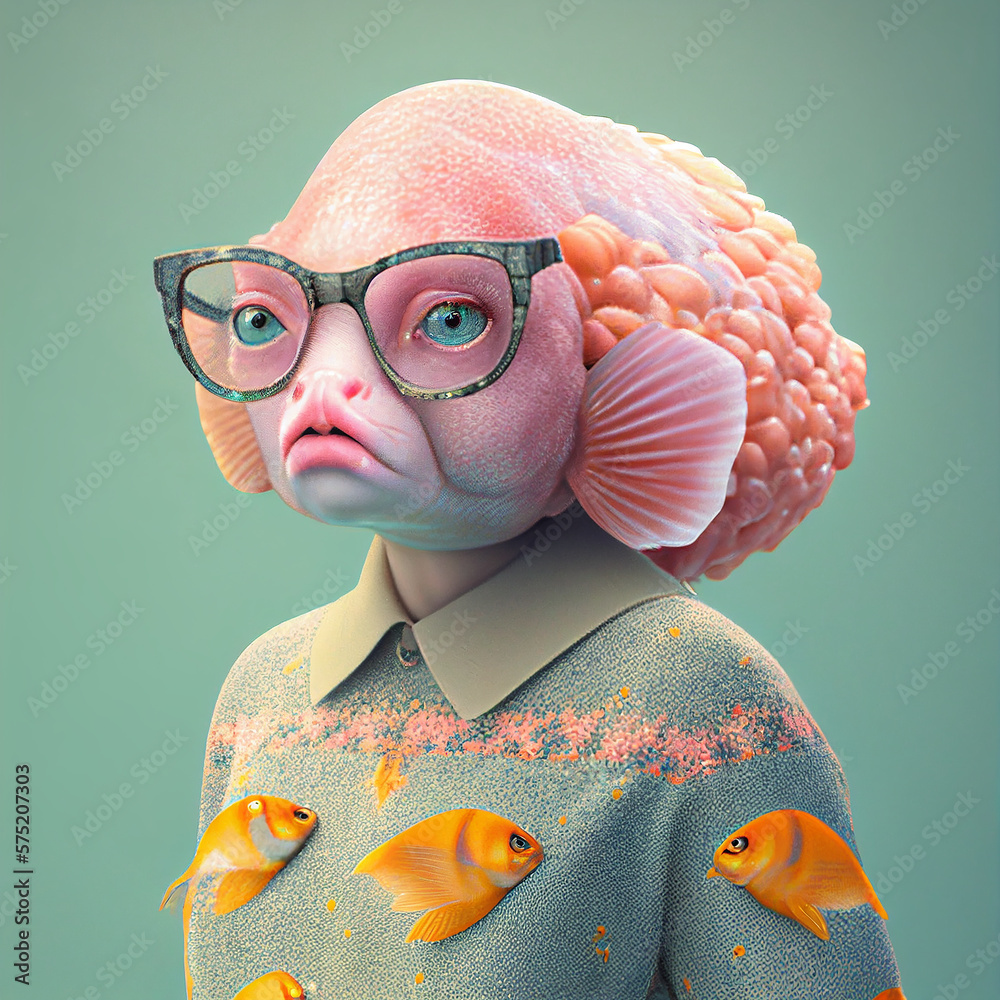 Realistic lifelike fish in retro vintage pastel colourful, mod twiggy ...