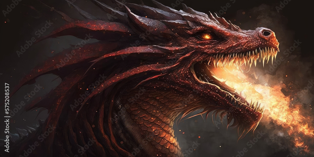 Red dragon breathing fire. Mythology creature. Dark fantasy illustration. Generative AI Stock ...