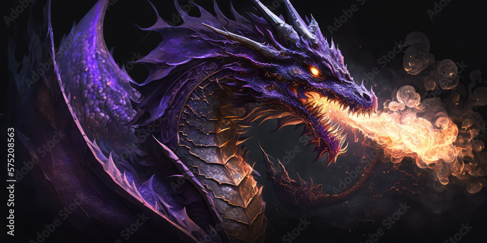 Purple dragon breathing fire. Mythology creature. Dark fantasy ...