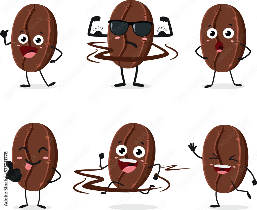 Set of Cute and funny coffee bean cartoon characters Stock Vector ...