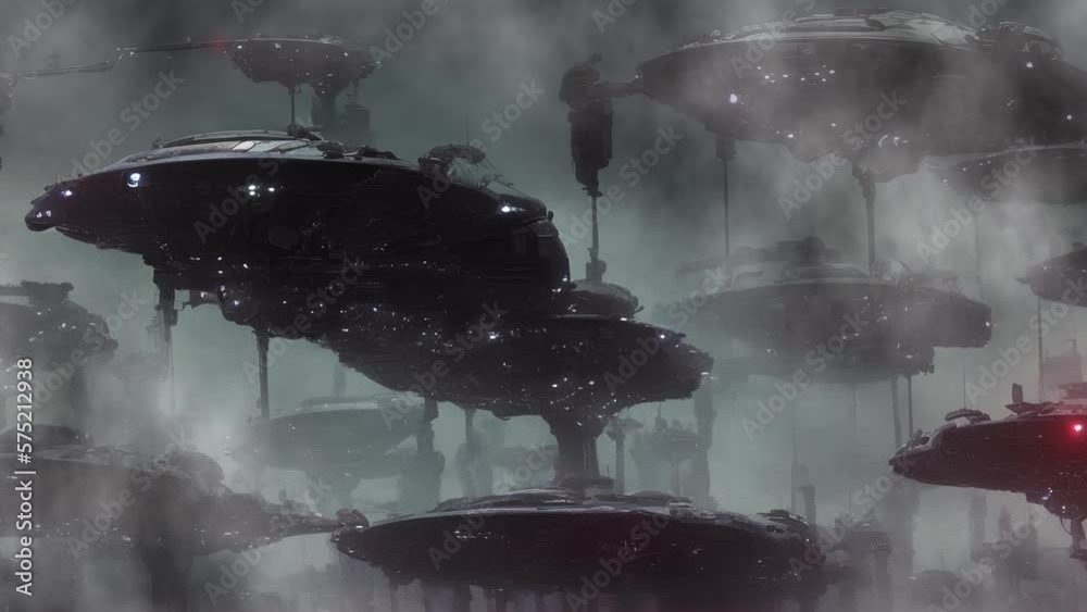 Sci Fi alien spaceships invading blinking lights thick smoke abstract ...