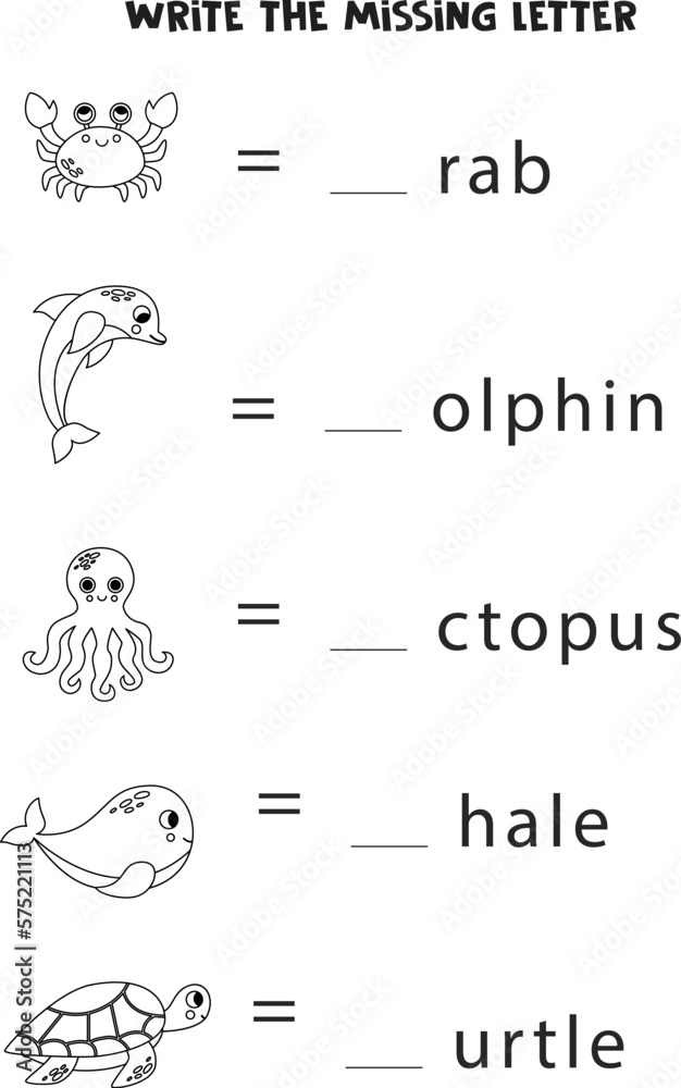 Worksheet for kids. Write the missing letter. Black and white sea ...
