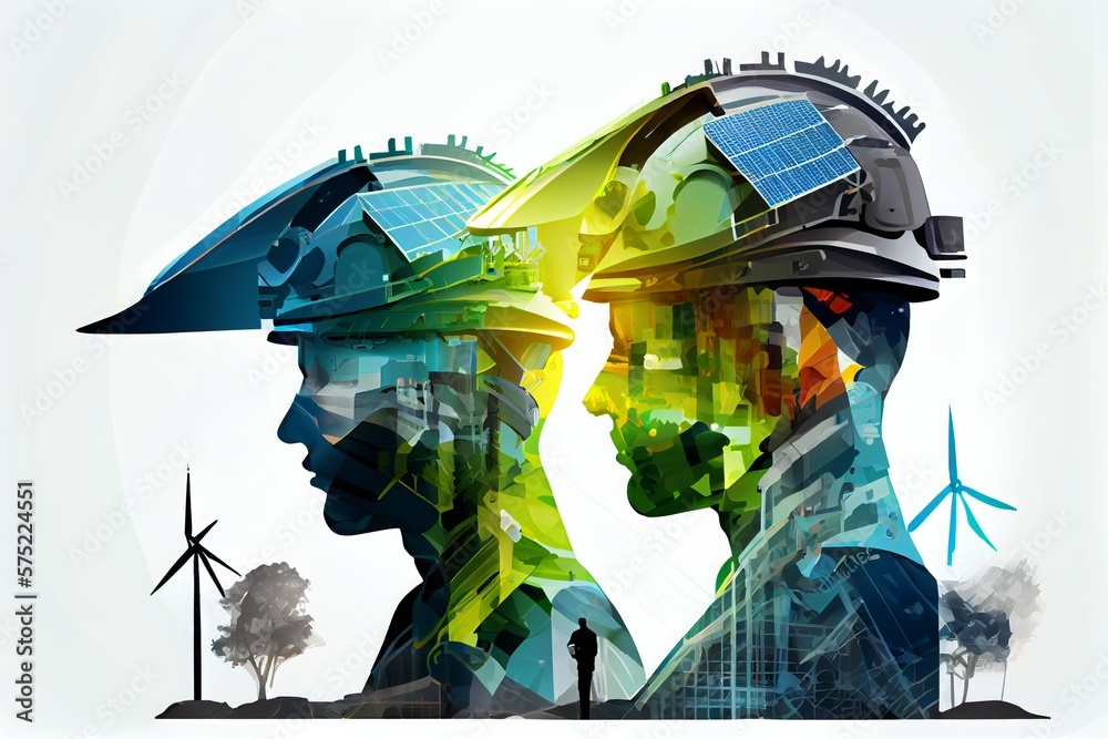 Future of Engineer renewable energy wearing helmet with solar panels ...