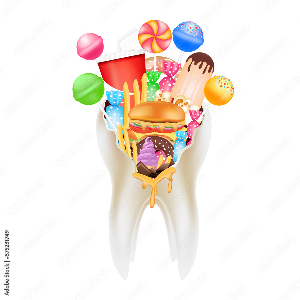 Foods harm healthy teeth. Candy, Eating a lot of sugar is dangerous to ...