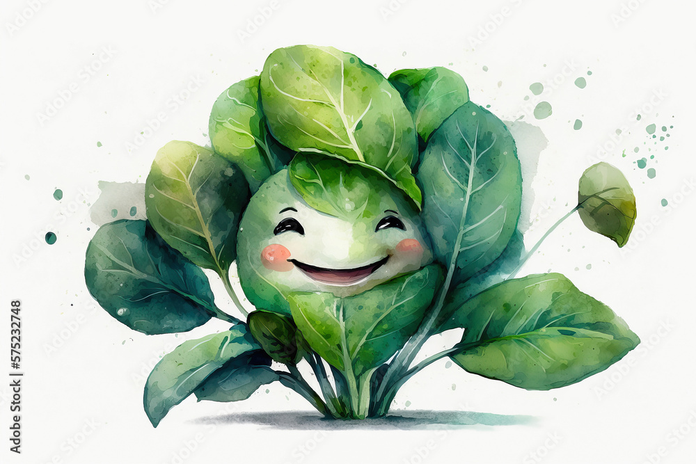 Watercolor cute smiling spinach cartoon character. Generative Ai Stock ...
