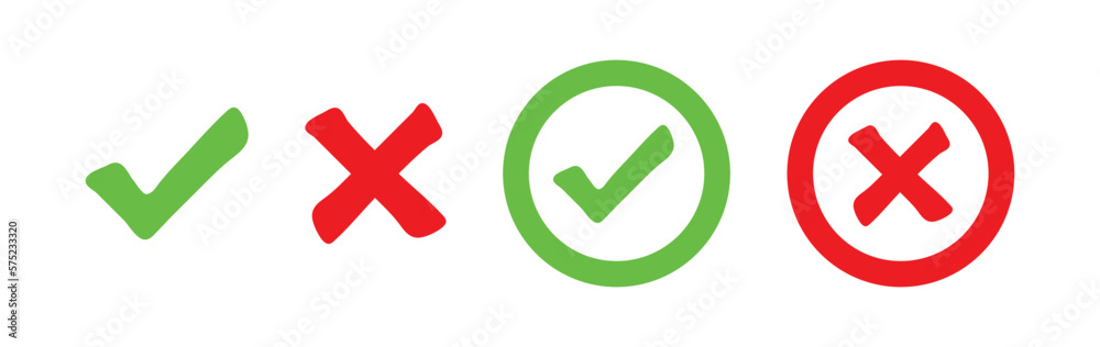 Set check mark and cross mark icon vector design in green and red ...