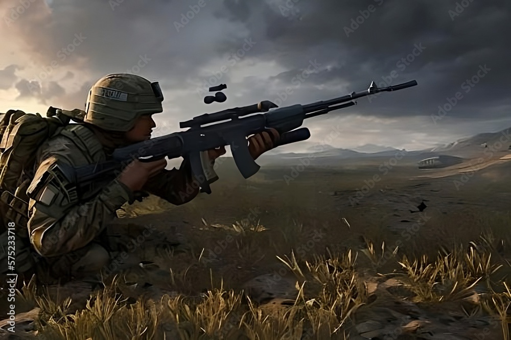 Army soldier with a rifle on a battlefield, military warrior, sniper ...