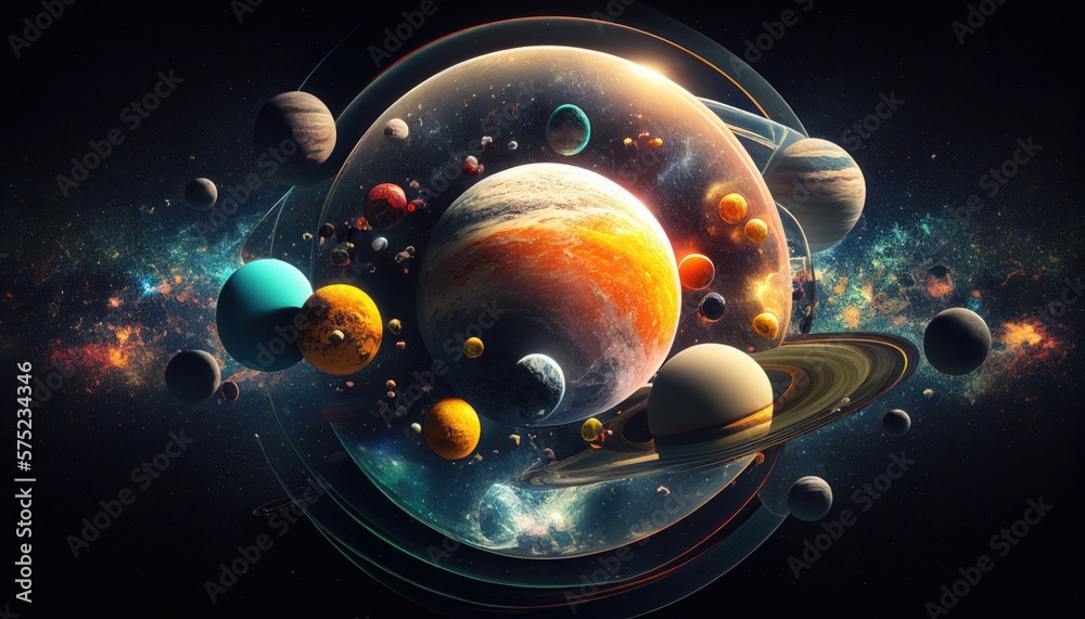 Abstract futuristic view of the planets of the solar system in space ...